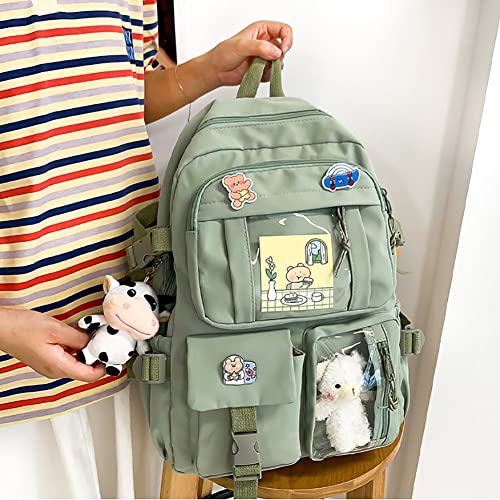 Thanps Kawaii Backpack with Cute Pin Accessories and Plush Pendant Cute Aesthetic Backpacks for School Bag Girl Backpack (Green), 31*13*43cm