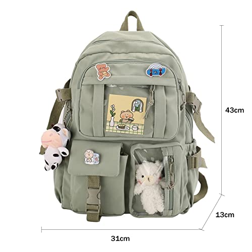 Thanps Kawaii Backpack with Cute Pin Accessories and Plush Pendant Cute Aesthetic Backpacks for School Bag Girl Backpack (Green), 31*13*43cm