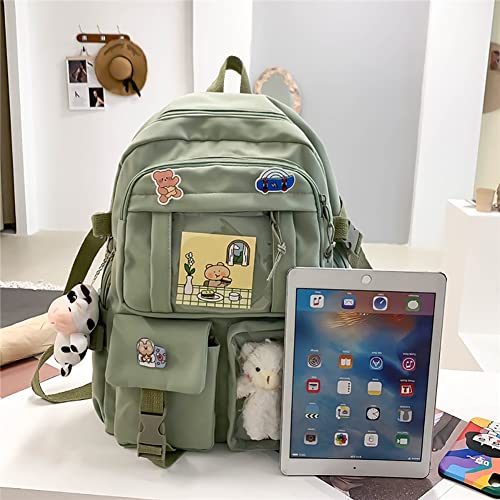 Thanps Kawaii Backpack with Cute Pin Accessories and Plush Pendant Cute Aesthetic Backpacks for School Bag Girl Backpack (Green), 31*13*43cm