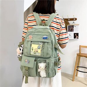 Thanps Kawaii Backpack with Cute Pin Accessories and Plush Pendant Cute Aesthetic Backpacks for School Bag Girl Backpack (Green), 31*13*43cm