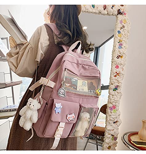 Zitouryo Kids Backpacks for Girls, Kawaii Backpack, Cute Bear Plush Pin Accessories Aesthetic School Bag for College Middle for Girls Teen (Pink Bookbag)