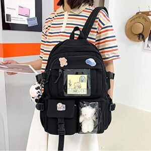 Thanps Kawaii Backpack with Cute Pin Accessories and Plush Pendant Cute Aesthetic Backpacks for School Bag Girl Backpack (Black)