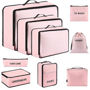 Ougrand 9 Set Packing Cubes Luggage Packing Organizers for Travel Accessories Space Saving Travel Bags for Carry On, Lightweight Mesh Zipper, Clothes, Shoes, Laundry and Shoe Bag, Suitcases (Pink)