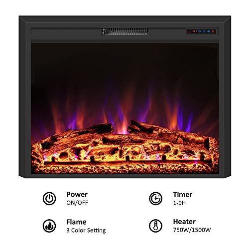 Psrimaster 28” Electric Fireplace Inserts with Remote Control, Touch Screen, Overheating Protecting, 3 Color Flame, 9H Timer, Indoor