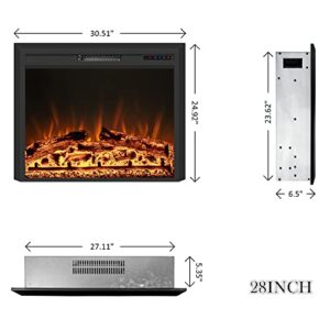 Psrimaster 28” Electric Fireplace Inserts with Remote Control, Touch Screen, Overheating Protecting, 3 Color Flame, 9H Timer, Indoor