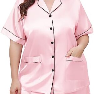 SWOMOG Women's Plus Size Silk Pajamas Button Down Top Pj Satin Shorts Loungewear 2 Pieces Short Sleeve Sleepwear with Pockets Pink