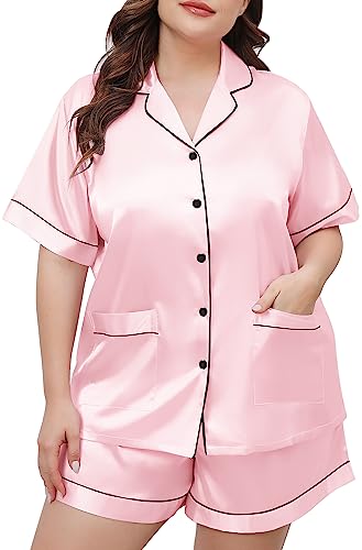 SWOMOG Women's Plus Size Silk Pajamas Button Down Top Pj Satin Shorts Loungewear 2 Pieces Short Sleeve Sleepwear with Pockets Pink