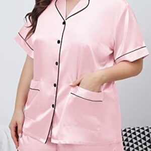 SWOMOG Women's Plus Size Silk Pajamas Button Down Top Pj Satin Shorts Loungewear 2 Pieces Short Sleeve Sleepwear with Pockets Pink