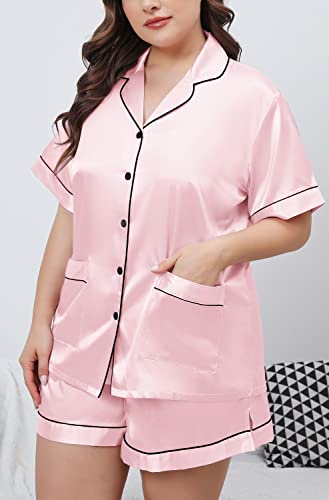 SWOMOG Women's Plus Size Silk Pajamas Button Down Top Pj Satin Shorts Loungewear 2 Pieces Short Sleeve Sleepwear with Pockets Pink