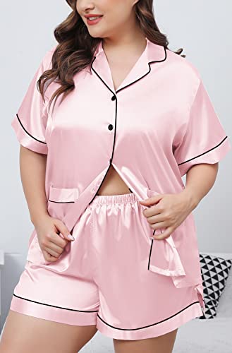 SWOMOG Women's Plus Size Silk Pajamas Button Down Top Pj Satin Shorts Loungewear 2 Pieces Short Sleeve Sleepwear with Pockets Pink