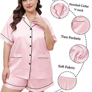 SWOMOG Women's Plus Size Silk Pajamas Button Down Top Pj Satin Shorts Loungewear 2 Pieces Short Sleeve Sleepwear with Pockets Pink