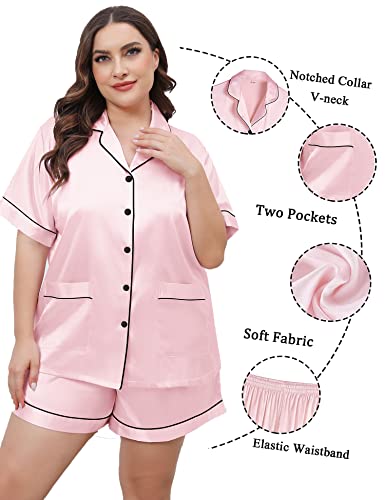 SWOMOG Women's Plus Size Silk Pajamas Button Down Top Pj Satin Shorts Loungewear 2 Pieces Short Sleeve Sleepwear with Pockets Pink