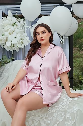 SWOMOG Women's Plus Size Silk Pajamas Button Down Top Pj Satin Shorts Loungewear 2 Pieces Short Sleeve Sleepwear with Pockets Pink