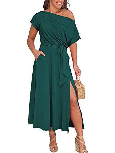 LILLUSORY Off The Shoulder Midi Wedding Guest Dresses 2023 Summer Cocktail Party Women Dress Emerald Green