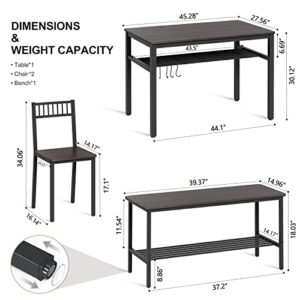 Bigbiglife Dining Table Set for 4, Kitchen Table with 2 Chairs and 1 Bench, Dining Table Set with 2 Storage Racks and 4 S-Hooks, Modern Design for Small Space Home Kitchen, Dark Grey