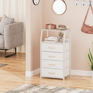 Furnulem Tall 4 Drawers Dresser, Vertical Storage Tower White Dresser for Bedroom, Hallway, Entryway, Nursery, Closet Organizer, Nightstand Bedside Table Furniture, Sturdy Steel Frame, Wood Top