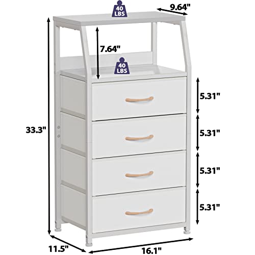 Furnulem Tall 4 Drawers Dresser, Vertical Storage Tower White Dresser for Bedroom, Hallway, Entryway, Nursery, Closet Organizer, Nightstand Bedside Table Furniture, Sturdy Steel Frame, Wood Top