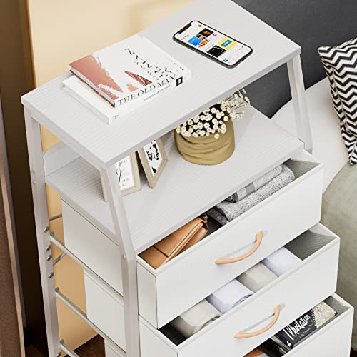 Furnulem Tall 4 Drawers Dresser, Vertical Storage Tower White Dresser for Bedroom, Hallway, Entryway, Nursery, Closet Organizer, Nightstand Bedside Table Furniture, Sturdy Steel Frame, Wood Top