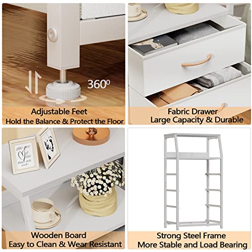 Furnulem Tall 4 Drawers Dresser, Vertical Storage Tower White Dresser for Bedroom, Hallway, Entryway, Nursery, Closet Organizer, Nightstand Bedside Table Furniture, Sturdy Steel Frame, Wood Top