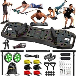 lalahigh portable home gym system: large compact push up board, pilates bar & 20 fitness accessories with resistance bands & ab roller wheel - full body workout for men and women, gift for boyfriend (black)