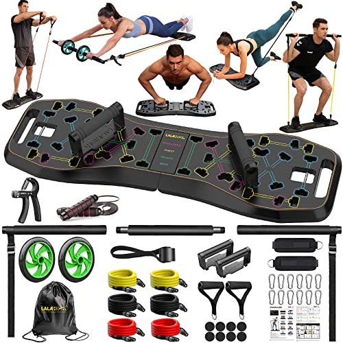 LALAHIGH Portable Home Gym System: Large Compact Push Up Board, Pilates Bar & 20 Fitness Accessories with Resistance Bands & Ab Roller Wheel - Full Body Workout for Men and Women, Gift for Boyfriend (Black)