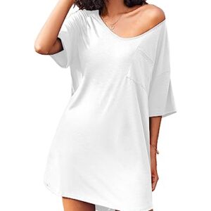 MAXMODA Sleep Wear for Women T Shirt Nightgowns Cotton Pajama Dress Short Sleeve Soft Night Gown Knee Length White M