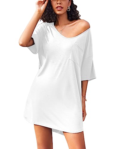 MAXMODA Sleep Wear for Women T Shirt Nightgowns Cotton Pajama Dress Short Sleeve Soft Night Gown Knee Length White M