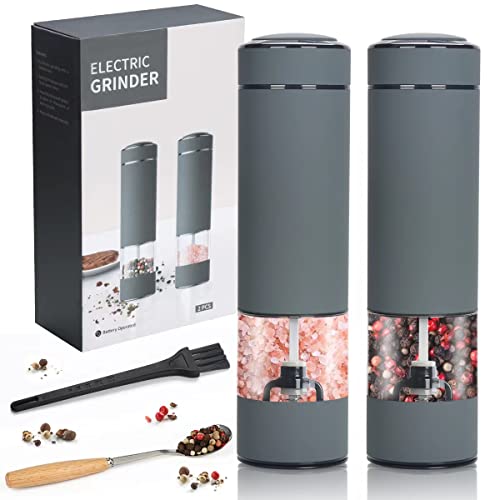 Electric Salt and Pepper Grinder Set, Battery Operated Pepper Grinder, Automatic Salt and Pepper Mill With LED Light, 5 Adjustable Grinding Settings, and Ergonomic One-Handed Operation (Space Gray)