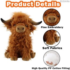 ROJOAVNA 10inch Highland Cow Stuffed Animal Plush Toys, Realistic Soft Cuddly Farm Toy, Soft Cow Plush Toy Plushie Gift for Kids for Adults Kids Boys Girls