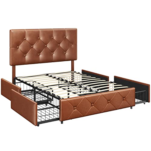 Topeakmart Full Faux Leather Platform Bed Frame with Tufted Adjustable Headboard and 4 Drawers, Upholstered Mattress Foundation, Strong Wooden Slats Support, No Box Spring Needed, Amber Brown