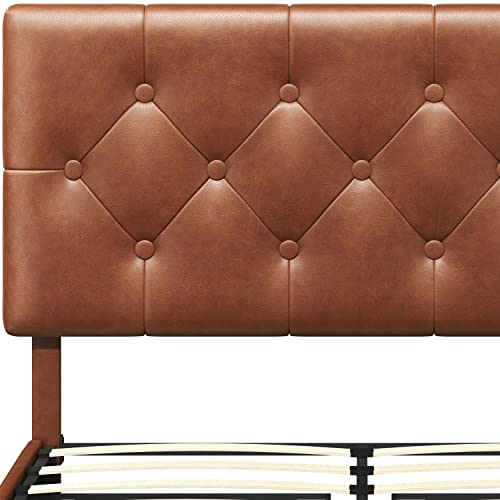 Topeakmart Full Faux Leather Platform Bed Frame with Tufted Adjustable Headboard and 4 Drawers, Upholstered Mattress Foundation, Strong Wooden Slats Support, No Box Spring Needed, Amber Brown