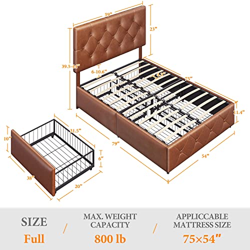 Topeakmart Full Faux Leather Platform Bed Frame with Tufted Adjustable Headboard and 4 Drawers, Upholstered Mattress Foundation, Strong Wooden Slats Support, No Box Spring Needed, Amber Brown