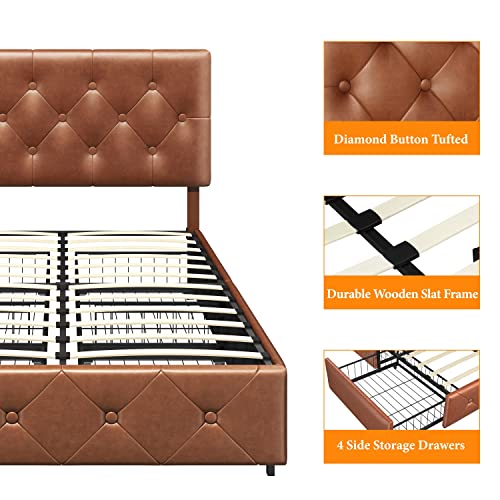 Topeakmart Full Faux Leather Platform Bed Frame with Tufted Adjustable Headboard and 4 Drawers, Upholstered Mattress Foundation, Strong Wooden Slats Support, No Box Spring Needed, Amber Brown