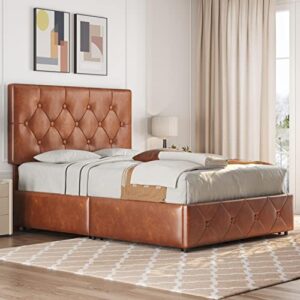 Topeakmart Full Faux Leather Platform Bed Frame with Tufted Adjustable Headboard and 4 Drawers, Upholstered Mattress Foundation, Strong Wooden Slats Support, No Box Spring Needed, Amber Brown