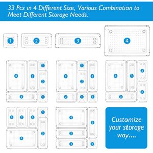 Fixwal 33 PCS Clear Drawer Organizer Set, 4-Size Plastic Drawer Organizers Trays Bathroom Organizers Dresser Storage Bins Separation Box for Makeup, Jewelries, Gadgets, Bathroom, Office, Bedroom.