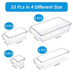 Fixwal 33 PCS Clear Drawer Organizer Set, 4-Size Plastic Drawer Organizers Trays Bathroom Organizers Dresser Storage Bins Separation Box for Makeup, Jewelries, Gadgets, Bathroom, Office, Bedroom.