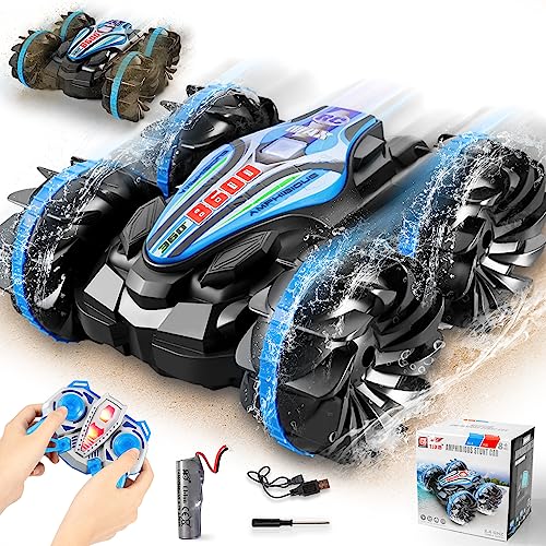 FUUY Amphibious RC Car for Kids Pool Toys for Boys 4-6, 2.4 GHz Remote Control Boat Waterproof RC Monster Truck Stunt Car 4WD Vehicle RC Boat Boys Girls Birthdays Gifts All Terrain Water Beach Toys