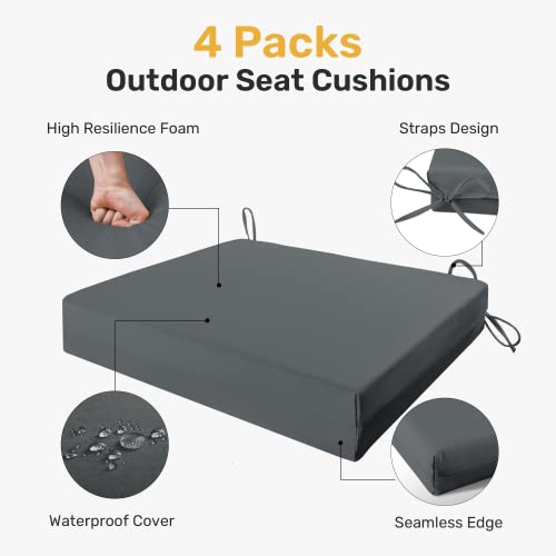 UNIKOME Outdoor Chair Cushions Pack of 4, Waterproof Patio Cushions with Ties, High Density Sponge Filling Square Corner Seat Cushions for Outdoor Furniture, 18.5"x16"x3", Dark Grey