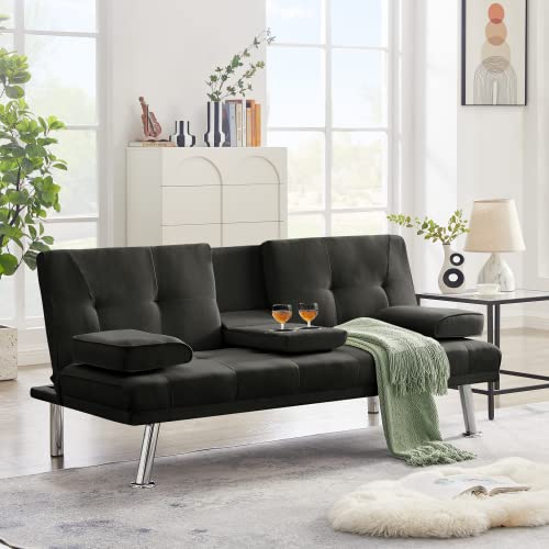 AnwickNomo Convertible Folding Futon Sofa Bed with Metal Legs & 2 Cupholders, Modern Faux Leather Upholstered Couch Loveseat Sleeper, Folding Couches Bed, Removable Armrests for Small Spaces (Black)