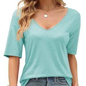 Sherosa Womens Summer Tops Short Sleeve V Neck Tee Shirts Trendy Cute Shirts Light Green L