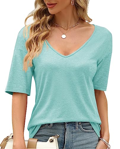 Sherosa Womens Summer Tops Short Sleeve V Neck Tee Shirts Trendy Cute Shirts Light Green L