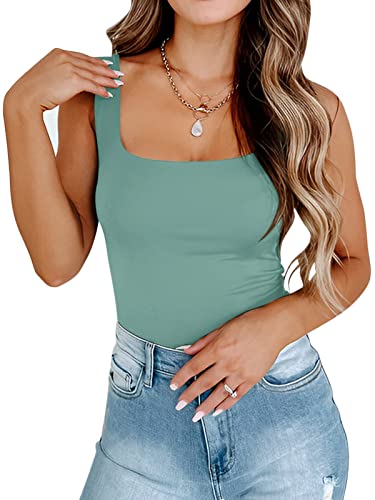 PINKMSTYLE Sleeveless Square Neck Tank Tops for Women Cute Double Layer Seamless Workout Tops Summer Shirts Light Green XX-Large