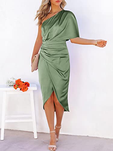 ANRABESS Women Satin One Shoulder Short Sleeve Ruched Bodycon Wrap Cocktail Party Midi Dress 2023 Graduation Prom Dresses Elegant Wedding Guest Evening Night 891anlv-M Army Green