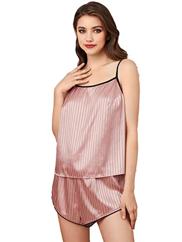 WDIRARA Women's Plus Size 3 Pieces Silk Sleepwear Satin Striped Cami Top with Shorts and Pants Pajama Set Dusty Pink 5XL