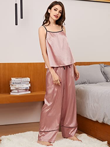 WDIRARA Women's Plus Size 3 Pieces Silk Sleepwear Satin Striped Cami Top with Shorts and Pants Pajama Set Dusty Pink 5XL