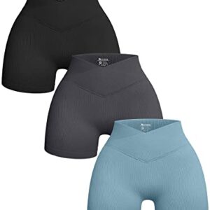 OQQ Women's 3 Piece Yoga Ribbed Seamless Workout High Waist Cross Over Athletic Legging Shorts, Black Grey Blue, Medium