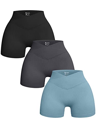 OQQ Women's 3 Piece Yoga Ribbed Seamless Workout High Waist Cross Over Athletic Legging Shorts, Black Grey Blue, Medium