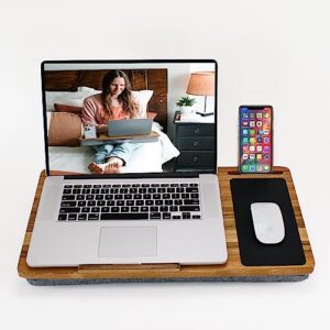 lap desk, laptop lap desk with cushion made with premium acacia wood. lap desk for laptop fits 14” to 17” laptops. bed desk, laptop desk, lapdesk for laptop for home office laptop lap desks hazelteck