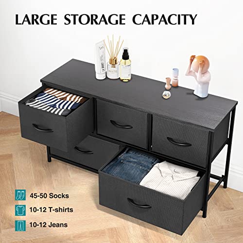 OLIXIS Organizer Storage 5, Chest of Drawers with Fabric Bins, Long Dresser with Wood Top for Bedroom, Closet, Entryway, Black