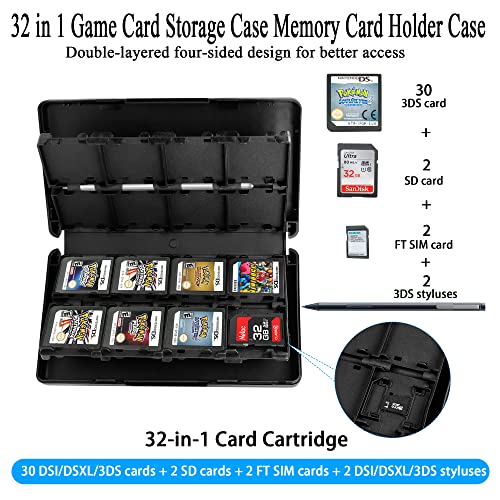 QIANRENON 32 in 1 Game Card Storage Case Memory Card Holder Case, Holds (30 DSI/DSXL/3DS Card + 2 SD Card + 2 FT Phone Card + 2 DSI/DSXL/3DS styluse), for NDS Card, 3DS Card, Black